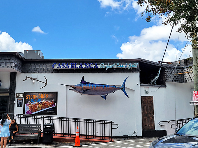 The marlin mounted on Casablanca's exterior isn't just decoration—it's a promise of the oceanic treasures waiting inside this Miami River gem.
