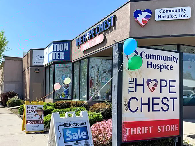 The storefront beckons with colorful balloons and promise—where every purchase funds compassionate care while scoring you treasures at bargain prices.