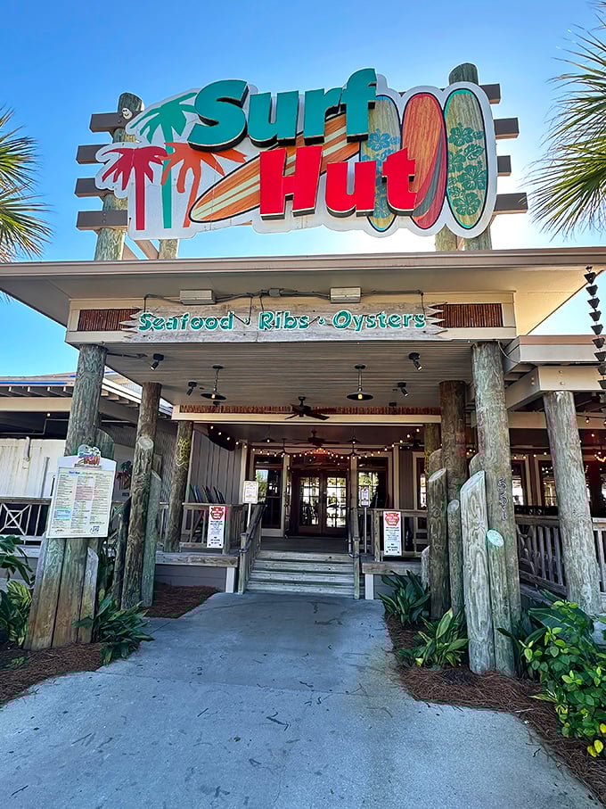Not just a sign, but a declaration: this is where surfboards meet seafood in a marriage made in Florida heaven.