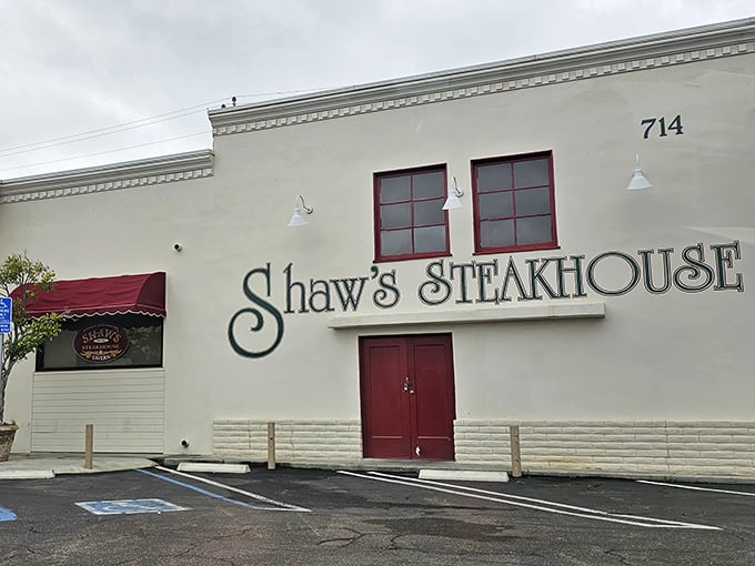 The golden facade of Shaw's Steakhouse glows in the late afternoon sun, like a beacon calling hungry travelers home.