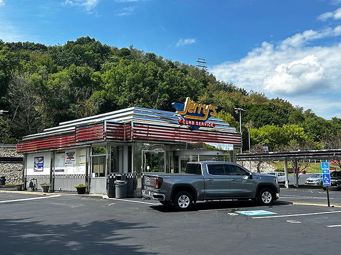 The gleaming red and silver exterior of Jerry's stands like a time machine in Beaver, Pennsylvania—beckoning hungry travelers with promises of nostalgic delights.