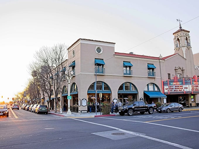 Under Hanford’s teal awnings and vintage marquee lights, this downtown corner feels like a step back in time—where small-town charm still takes center stage.