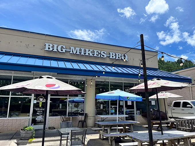 The blue Adirondack chairs outside Big Mike's BBQ in Cary practically whisper, "Sit down, friend. The brisket is worth the wait."