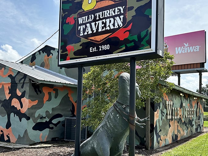 Military-inspired camouflage isn't hiding anything here—this tavern wants to be found. The outdoor bench invites you to take a breather before the flavor assault begins.