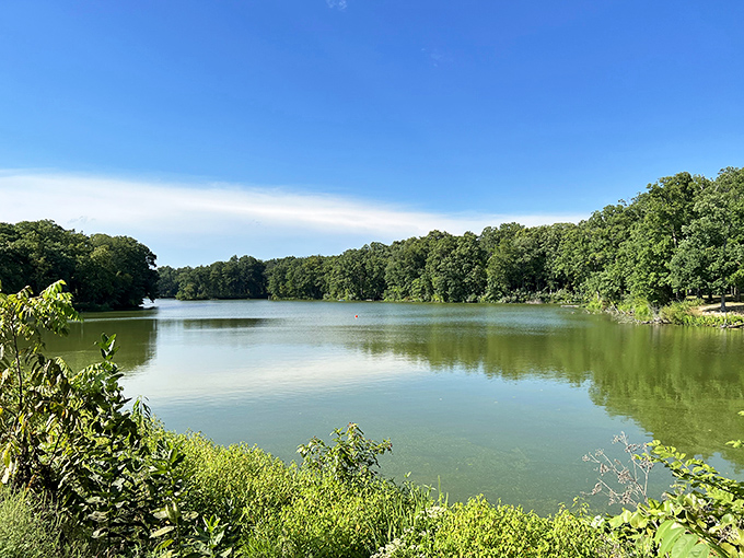 Mirror, mirror on the water – this lake reflects Illinois sky like nature's own vanity.