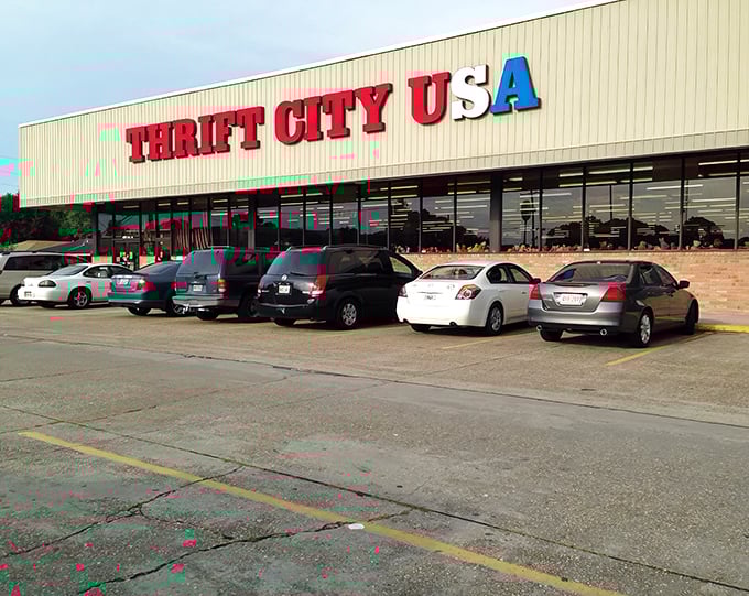 The unmistakable red and blue signage of Thrift City USA beckons bargain hunters like a lighthouse for the fashion-forward but budget-conscious shopper.