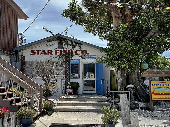 The unassuming entrance to seafood paradise. Star Fish Company's weathered wooden exterior promises authentic Florida Gulf Coast dining without pretense.