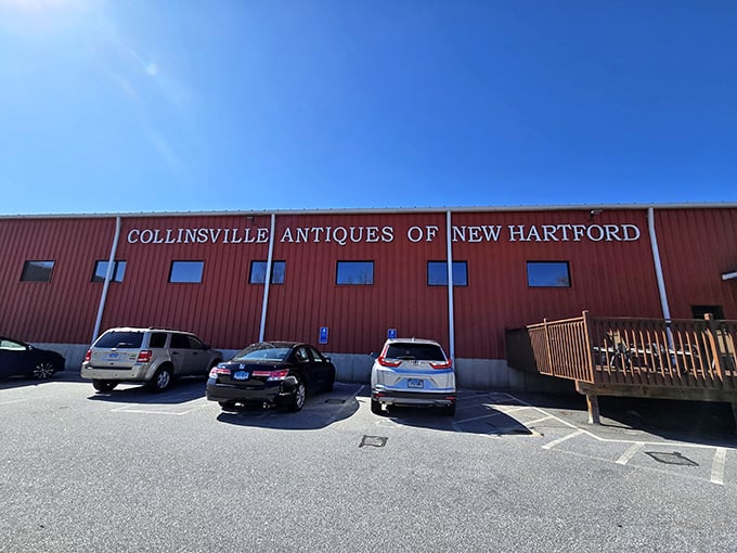 The unassuming red exterior of Collinsville Antiques Co – like finding a treasure chest disguised as a barn. What wonders await inside those walls!