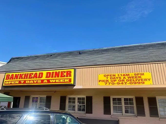 The bright yellow sign of Bankhead Diner shines like a beacon of breakfast hope. Open seven days a week—words that sound like poetry to hungry travelers.