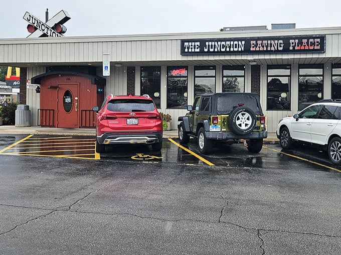 That railroad crossing sign isn't just for show—it signals your arrival at breakfast paradise in DeKalb.