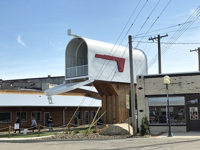 The World's Largest Mailbox stands proudly against the Illinois sky, making your bills look significantly more exciting when delivered at this scale.