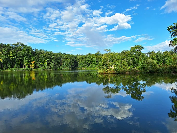 Mirror, mirror on the water – this lake reflects Illinois sky like nature's own vanity.