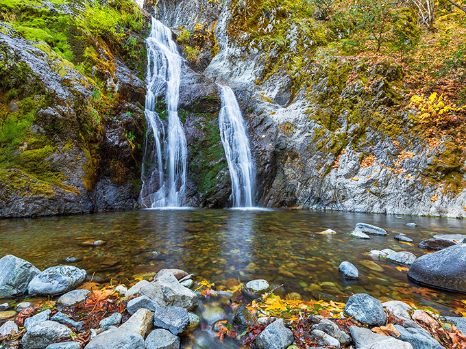Nature's perfect cascade – Faery Falls tumbles 50 feet over moss-covered rocks, creating a crystal-clear pool that practically begs for a brave toe-dip.