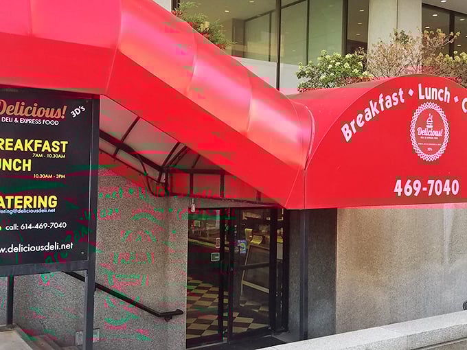 That bold red awning beckons like a lighthouse guiding hungry sailors to their corned beef destiny.