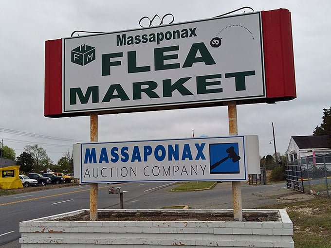 The bold sign of Massaponax Flea Market stands proudly along the roadside, beckoning treasure hunters to explore Virginia’s hub of bargains and curiosities.