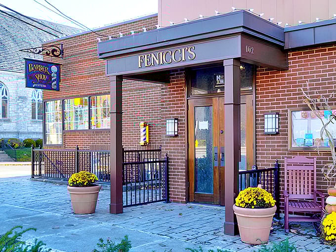 The brick facade of Fenicci's welcomes you like an old friend, with cheerful yellow mums standing guard at the entrance.