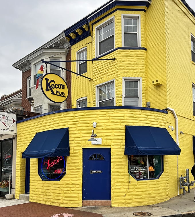 That yellow building isn't just bright—it's basically a beacon guiding you straight to crab cake paradise.