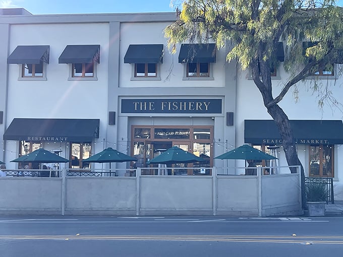 The Fishery's elegant white façade with teal umbrellas beckons like a maritime oasis in Pacific Beach. San Diego sunshine and seafood – a match made in coastal heaven.