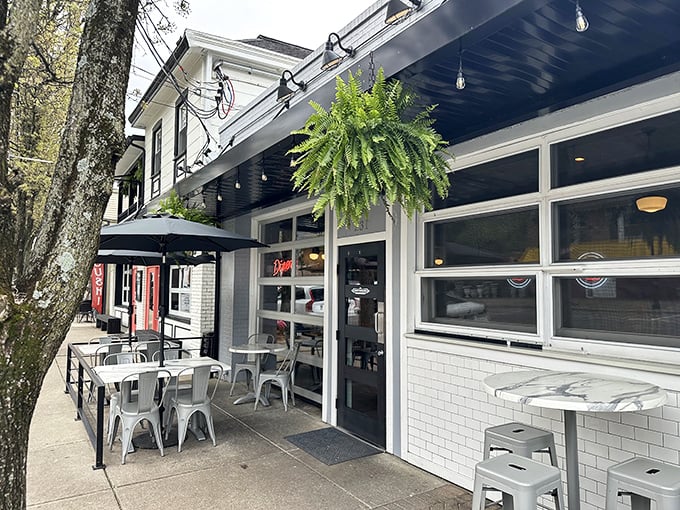 The Governor's crisp white exterior with lush hanging ferns creates the perfect first impression – like a modern diner dressed up for a fancy date.