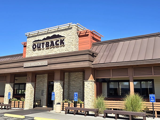 The iconic stone and wood facade of Outback Steakhouse in Christiansburg stands ready to welcome hungry Virginians seeking Australian-inspired comfort.