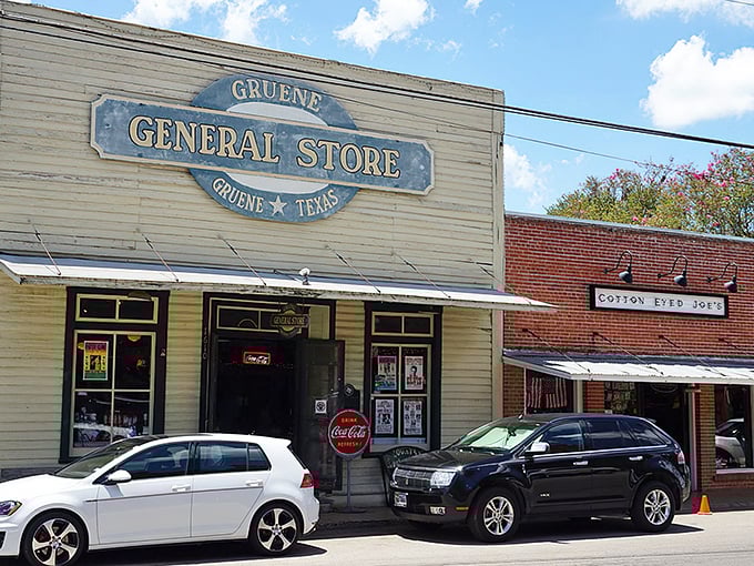 That iconic water tower presiding over historic storefronts is basically Gruene's way of saying "welcome to the past, but better."