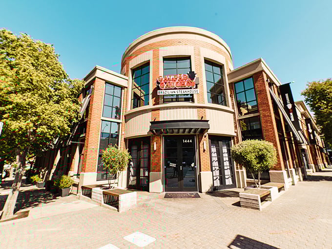 The distinctive curved brick facade of Galpão Gaucho stands proudly on North California Boulevard, like a carnivore's lighthouse beckoning hungry sailors home.