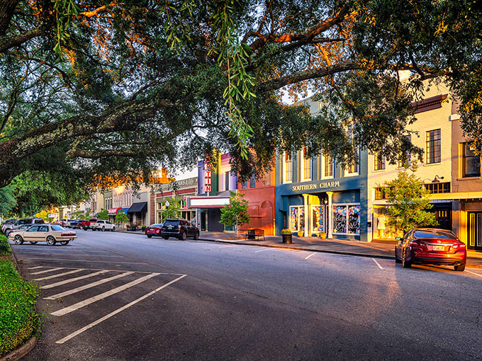 Broad Street's historic storefronts glow with golden hour warmth, where Southern Charm isn't just a store name—it's the town's unofficial motto.