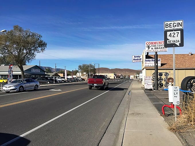Main Street Fernley stretches out under those impossibly big Nevada skies, where mountains frame your everyday commute like nature's own IMAX screen.