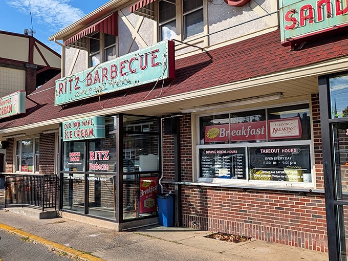 That weathered turquoise sign isn't just vintage charm—it's a beacon of hope for hungry travelers seeking authentic Pennsylvania comfort food.