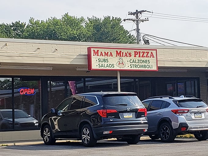 Mama Mia's storefront proudly announces its treasures—like a delicious billboard that makes passing drivers slam on their brakes.