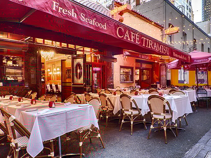 Café Tiramisu's burgundy awning and European-style sidewalk seating transform this San Francisco alley into a little slice of Italy. La dolce vita awaits!
