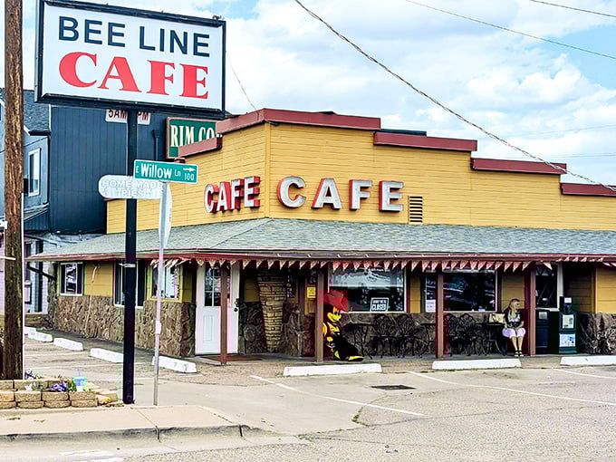 The bright yellow beacon of breakfast bliss! Beeline Cafe's vintage exterior has been welcoming hungry Payson visitors since the 1960s, a timeless roadside treasure.