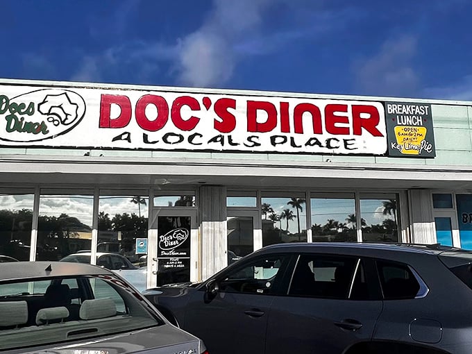 The unassuming storefront of Doc's Diner proudly declares itself "A Local's Place" – the Keys equivalent of finding the secret password to culinary paradise.