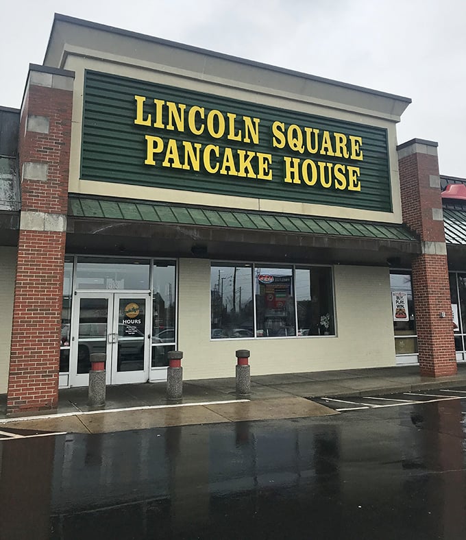 That bold yellow sign isn't whispering—it's announcing pancake greatness to anyone within eyeshot of this Indianapolis treasure.