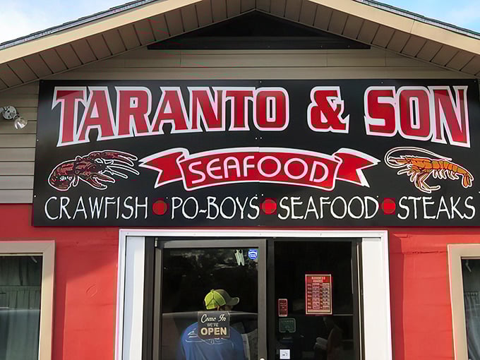 Taranto & Son doesn’t whisper—it shouts seafood with a bold sign and a promise of crawfish, po’boys, and plenty more inside.