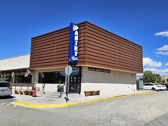 The Pantry Dos stands proudly against Santa Fe's brilliant blue sky, its distinctive blue sign beckoning hungry travelers like a breakfast lighthouse.