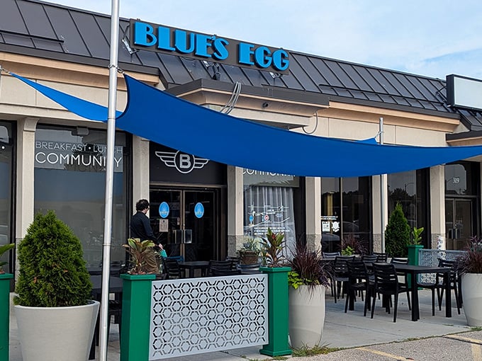The iconic blue sign beckons breakfast enthusiasts like a lighthouse guiding hungry sailors to shore. Blue's Egg promises morning magic in Milwaukee.
