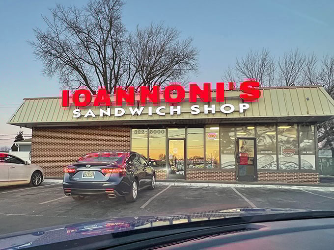 The bright red signage of Ioannoni's stands out like a beacon for sandwich lovers, promising delicious relief from hunger pangs in New Castle.