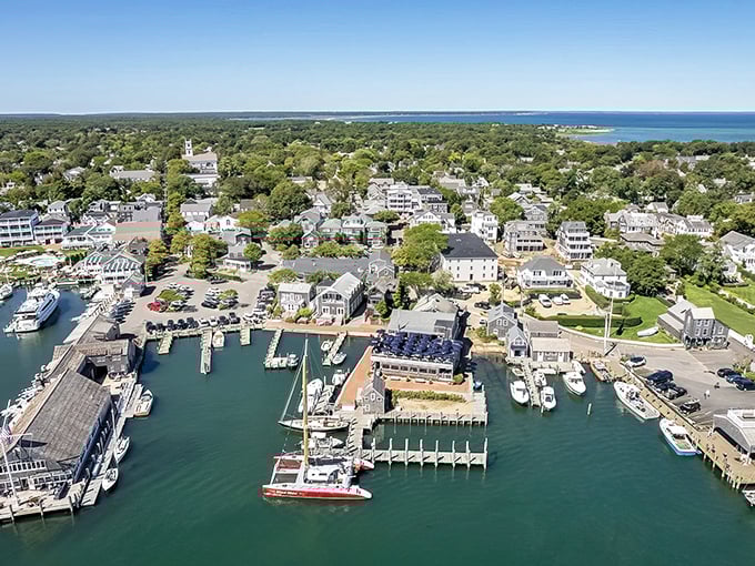 A bird's-eye view reveals Edgartown's perfect marriage of land and sea—where sailboats nestle in their slips like expensive toys in a millionaire's bathtub.