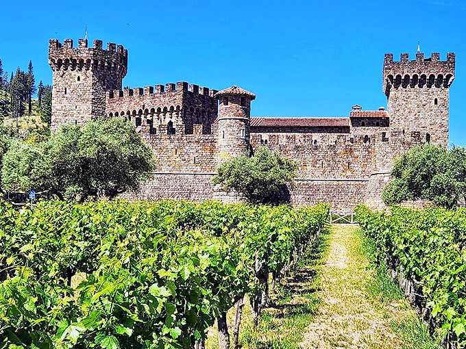 Stone towers rising from vineyards – because someone decided Napa needed its own Game of Thrones set.
