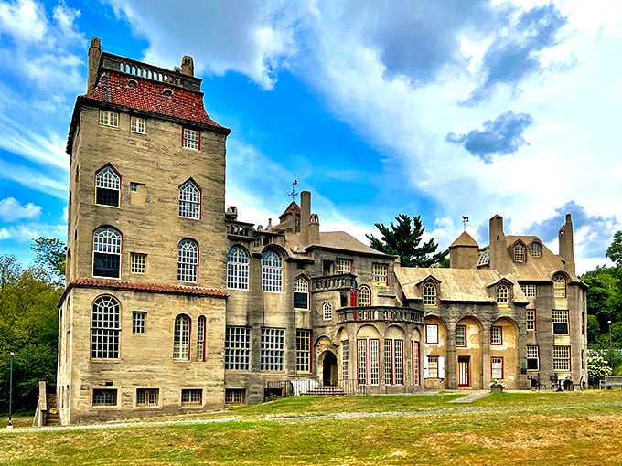 Fonthill Castle stands like a concrete fever dream against the Pennsylvania sky, where medieval fantasy meets early 20th-century innovation.