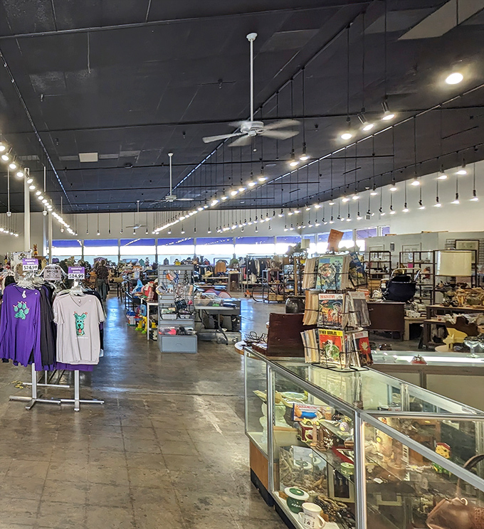Treasure hunters navigate aisles of possibility under industrial chic lighting. This isn't just shopping—it's an archaeological expedition for modern bargain seekers.