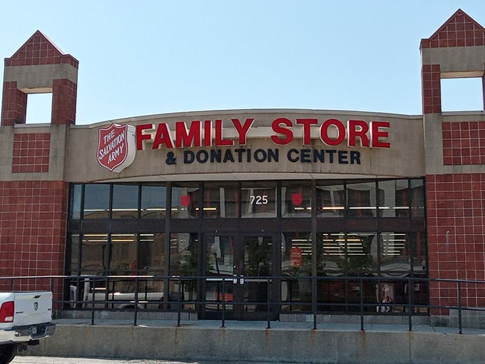 The iconic red signage beckons bargain hunters like a lighthouse for the thrifty. This unassuming exterior houses treasures waiting to be discovered.