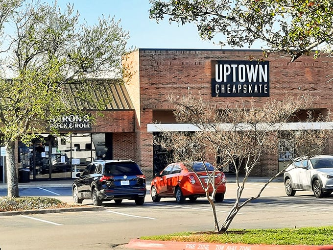 Where bargain hunting meets boutique vibes – Uptown Cheapskate's exterior promises treasures without the typical thrift store experience.