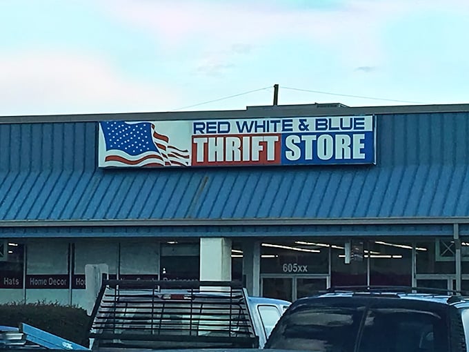 The patriotic blue-roofed façade promises treasure hunting adventures that would make both Uncle Sam and your wallet proud.