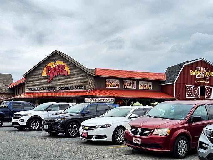 Even the parking lot tells a story – this isn't just shopping, it's a pilgrimage to the retail promised land where cars gather like faithful worshippers.