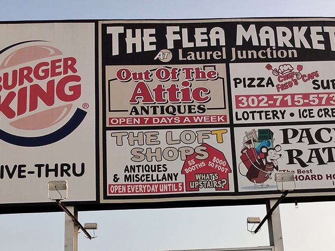 The marquee says it all—this isn't just shopping, it's treasure hunting at Laurel Junction, where "Out Of The Attic" isn't just a name, it's a promise.