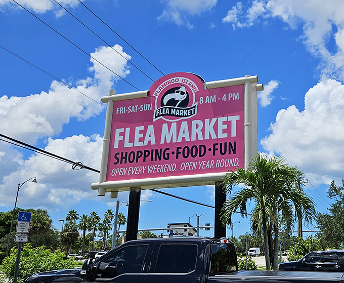 The iconic pink sign beckons like a retail lighthouse, promising the holy trinity of weekend entertainment: shopping, food, and the thrill of the hunt.
