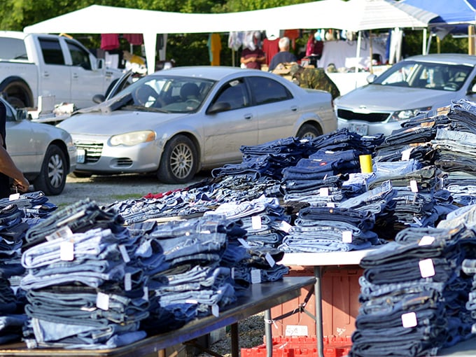 Mountains of neatly folded denim await their next owners. One person's castoff jeans become another's perfect-fitting treasure!