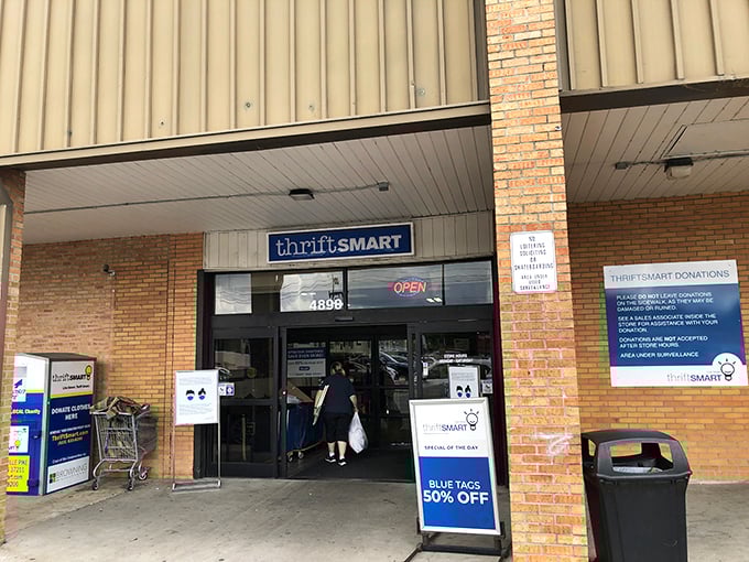 The unassuming entrance to ThriftSmart belies the treasure trove within. Blue tag specials beckon bargain hunters like a siren song.